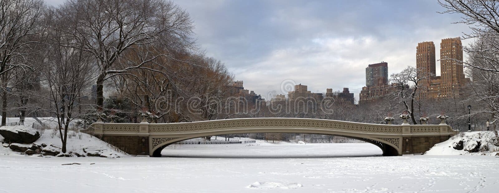 Central Park Panorama with Bow Bridge in Winter Stock Image - Image of ...