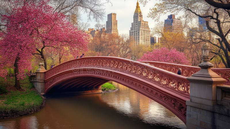 Bow Bridge, Central Park in Spring Stock Illustration - Illustration of ...