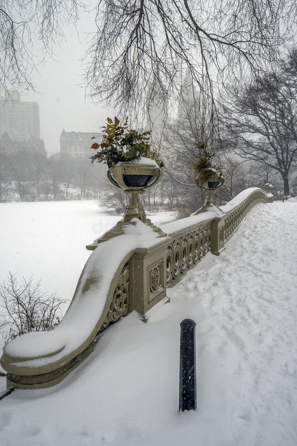 Bow Bridge during Snow Storm Stock Photo - Image of nature, garden ...