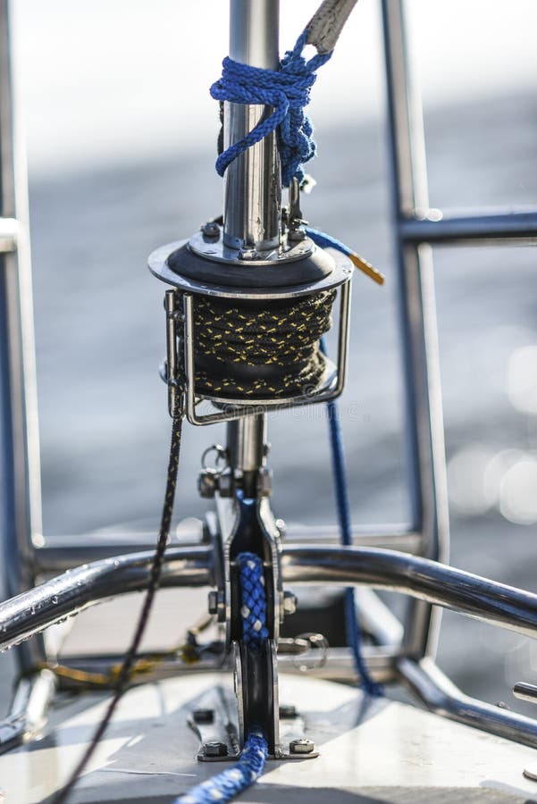 Bow Pulpit with Jib Sail Roller and Rope on a Small Sailing Boat Stock ...