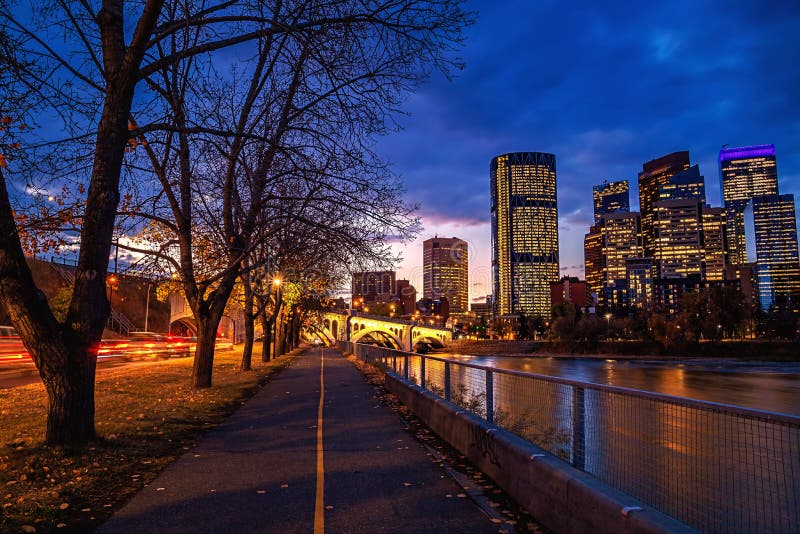 Bow River Pathway Overlooking Downtown Calgary at Dawn Stock Photo ...