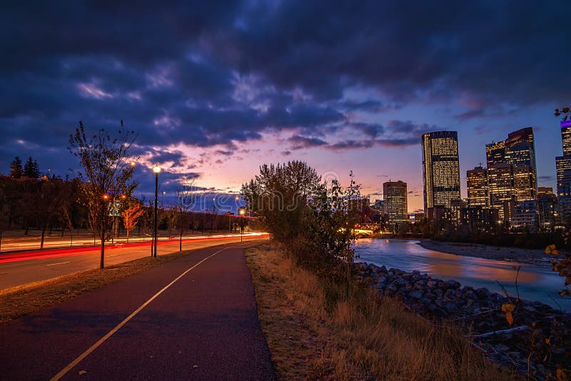 Bow River Pathway Overlooking Downtown Calgary at Dawn Stock Photo ...