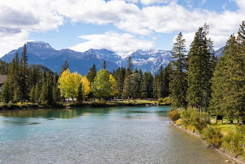 Bow River with Rockies in the Background Stock Image - Image of ...