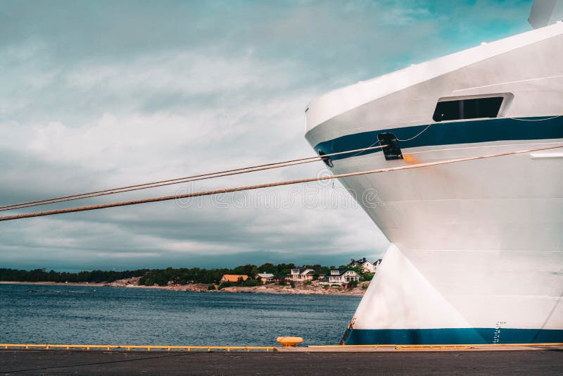 Bow of Ro-Ro Vessel Side View. Blue and White Ship Stay in Port. Stock ...