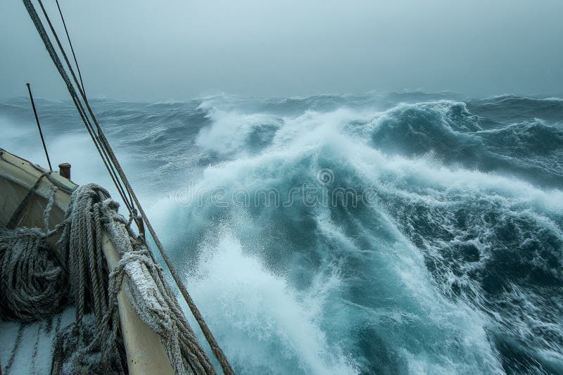 Bow of a Sailing Ship Facing Huge Waves during a Sea Storm with ...