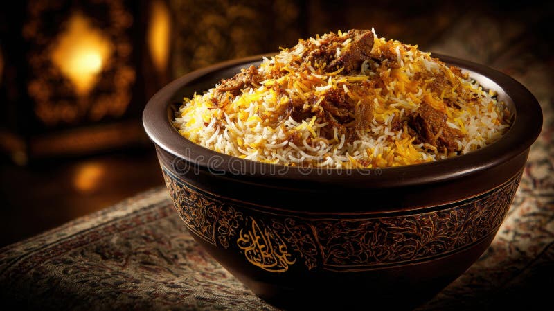 A Bowl of Aromatic Biryani Garnished with Spices and Meat, Placed on a ...