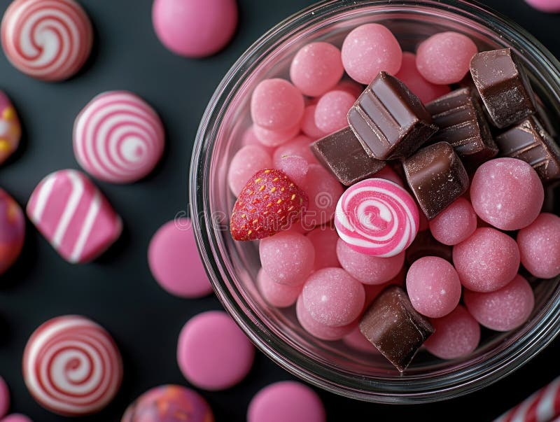 A Bowl of Assorted Candies, Including Pink and Chocolate Stock Photo ...