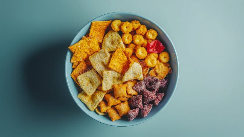 Bowl of Assorted Crunchy Snacks, Including Triangles, Rings, and Cubes ...