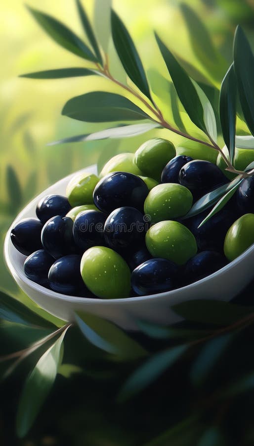 Bowl of Assorted Olives Green, Black, and Kalamata, Highlighting Colors ...