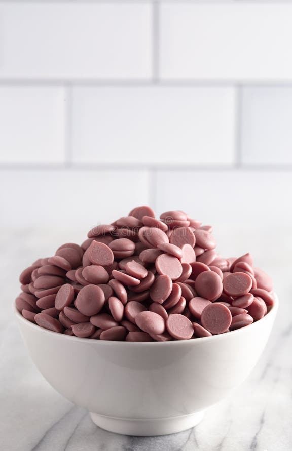Bowl of Authentic Ruby Chocolate Drops on a Marble Counter Stock Image - Image of kitchen ...