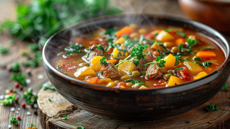 A Bowl of Beef and Vegetable Stew on a Wooden Table. Stock Image ...