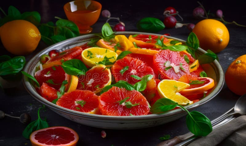 Bowl of Blood Oranges, Lemons, Cherries, and Basil. Generative AI Stock ...
