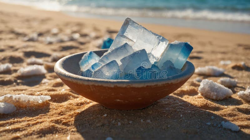 Luminous Blue Salt Crystals in Clay Bowl on Sandy Beach Stock ...