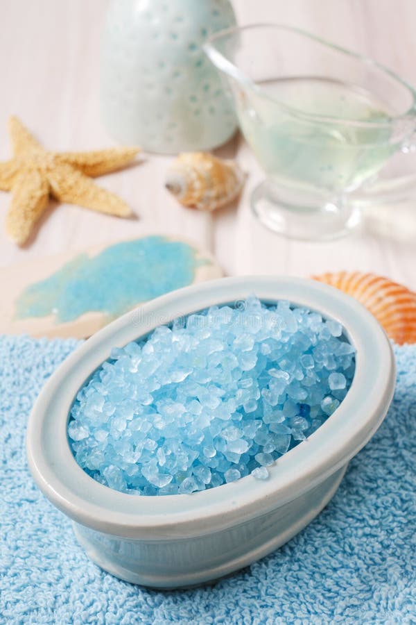 Bowl of blue sea salt stock photo. Image of cosmetic - 75319642