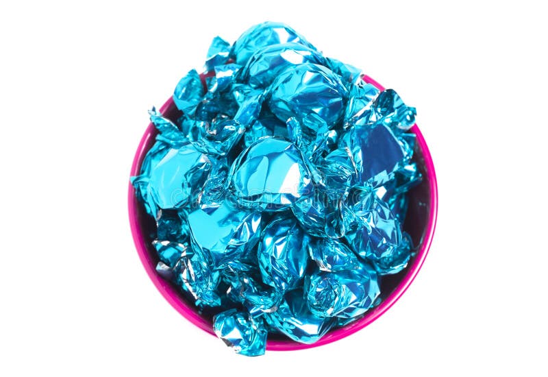 A Bowl of Blue Wrapped Candy on a White Background Stock Image - Image ...