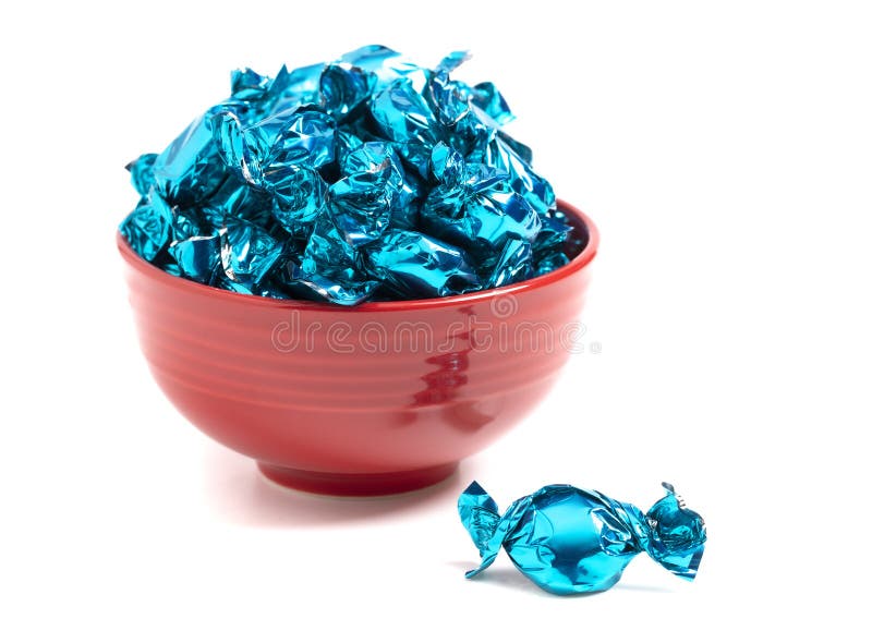 A Bowl of Blue Wrapped Candy on a White Background Stock Image - Image ...