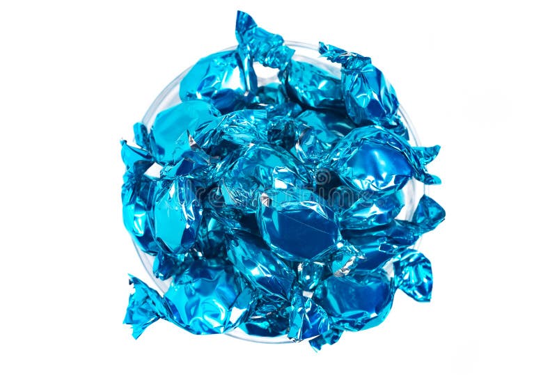 A Bowl of Blue Wrapped Candy on a White Background Stock Photo - Image ...