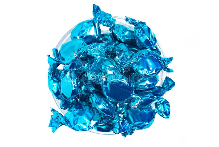 A Bowl of Blue Wrapped Candy on a White Background Stock Photo - Image ...