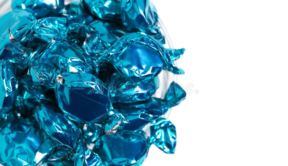 A Bowl of Blue Wrapped Candy on a White Background Stock Image - Image ...