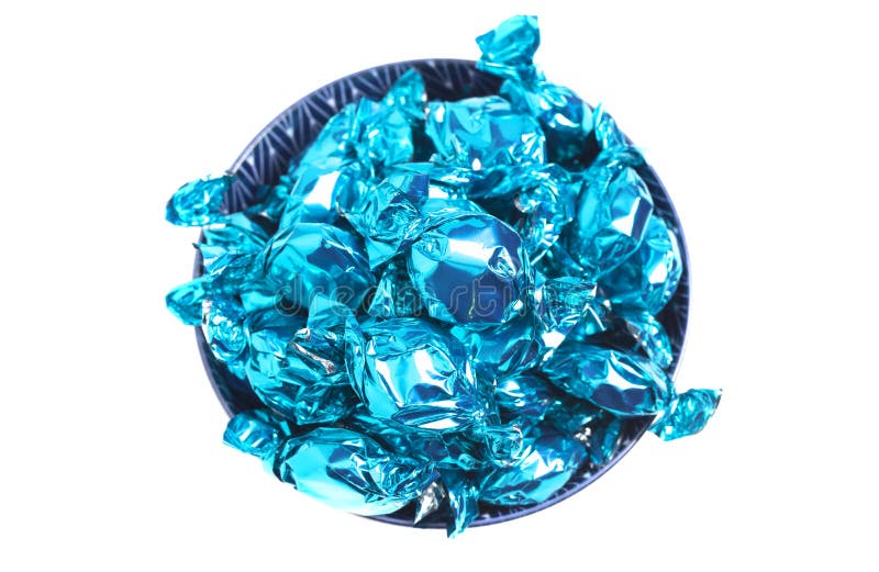 A Bowl of Blue Wrapped Candy on a White Background Stock Image - Image ...
