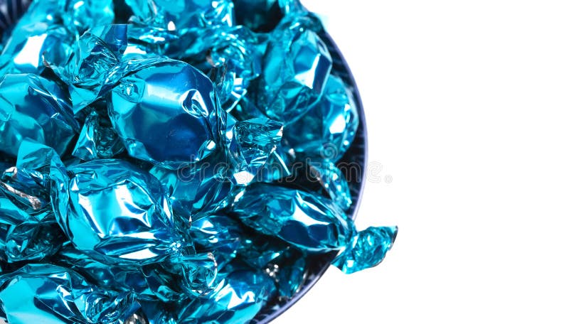 A Bowl of Blue Wrapped Candy on a White Background Stock Image - Image ...