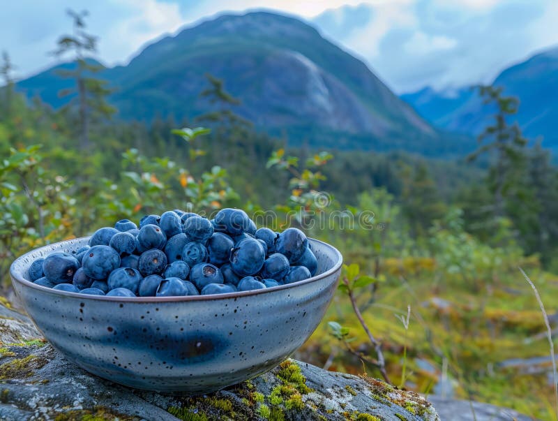 A Bowl of Blueberries on a Rock in Front of Mountains Stock Photo ...