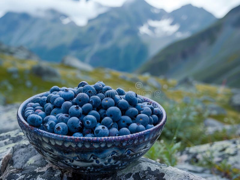 A Bowl of Blueberries on a Rock in the Mountains Stock Image - Image of ...