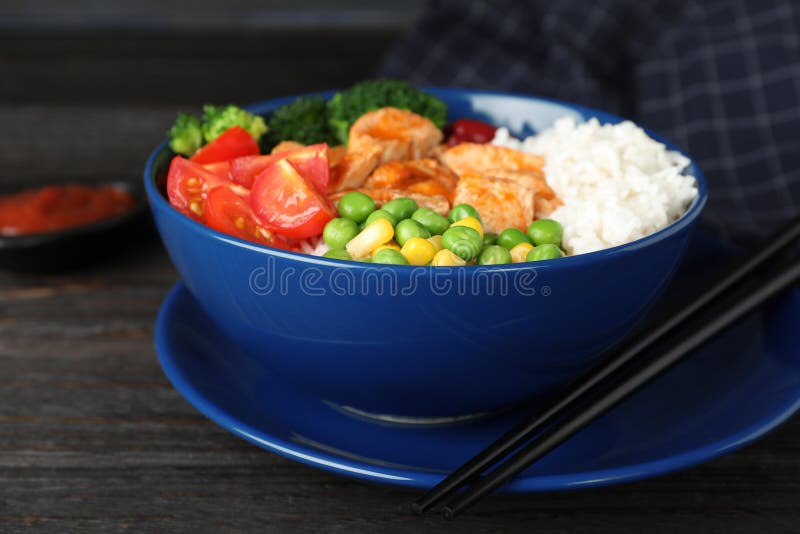 Bowl of Boiled Rice with Vegetables and Meat Stock Photo - Image of ...