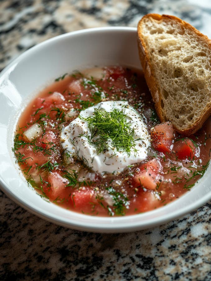 Bowl of Borscht with Bread Slice on Marble Countertop. Stock Photo ...