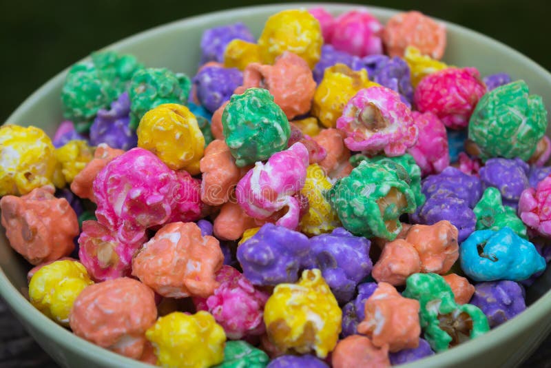 A Bowl of Bright Multi Colored Popcorn Stock Photo - Image of green ...