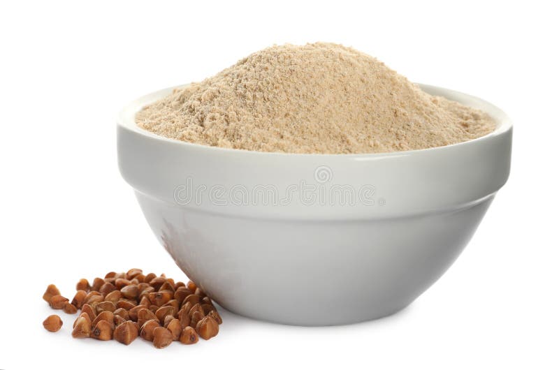 Bowl of Buckwheat Flour on White Background Stock Photo - Image of ...