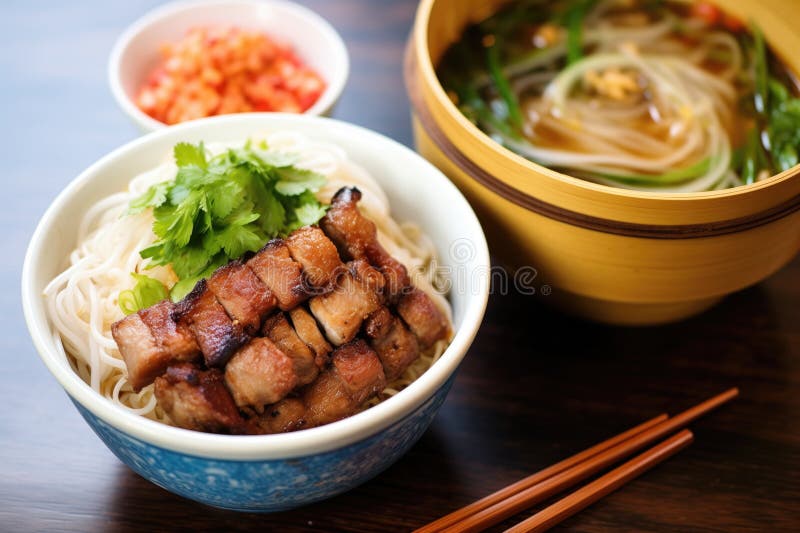 Bowl of Bun Cha with Grilled Pork and Noodles Side by Side Stock Image ...