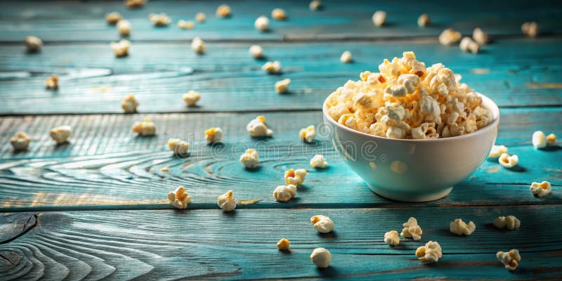 A Bowl of Buttery Popcorn Sits on a Rustic Teal Wood Surface ...