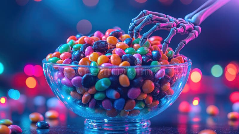 A Bowl of Candy with a Skeleton Hand Reaching in Stock Photo - Image of ...