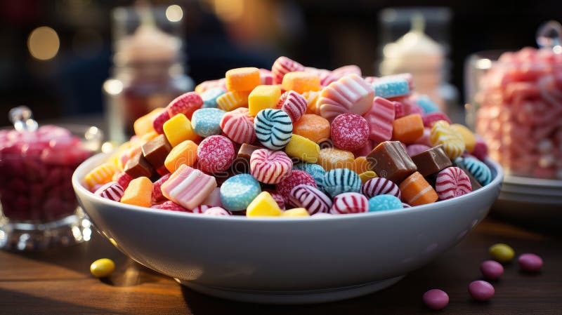 Bowl of Candy on Table. Generative AI. Stock Illustration ...