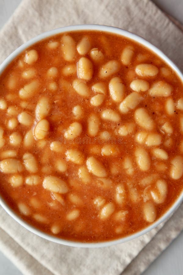 Bowl of Canned White Beans with Tomato Sauce, Top View Stock Photo ...