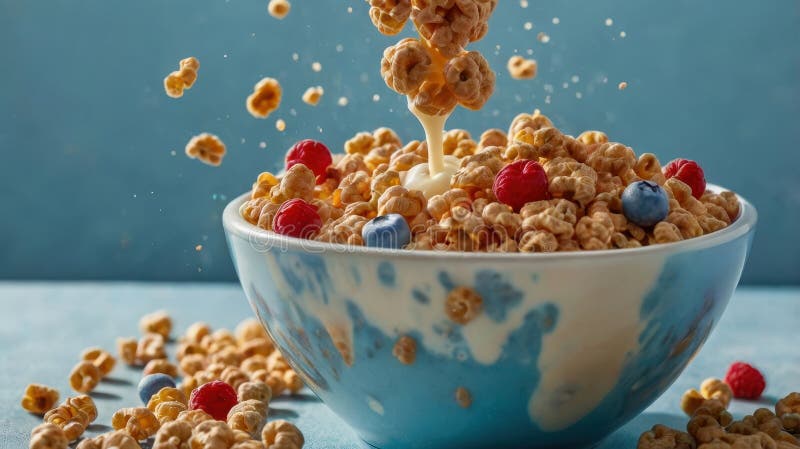 Bowl of Cereal with Berries and Nuts Spilling Over Blue Surface Stock ...