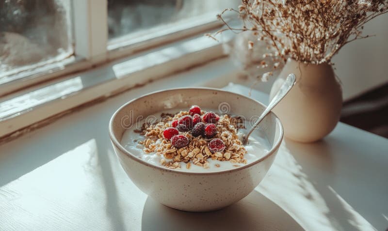 A Bowl of Cereal with Berries and a Spoon Stock Image - Image of ...