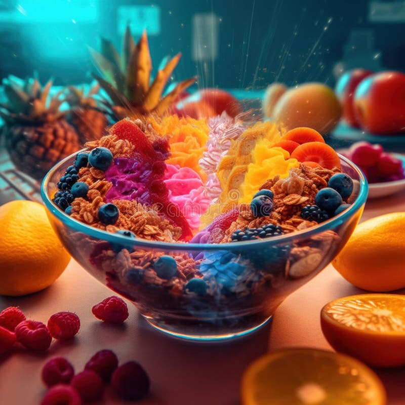 A Bowl of Cereal, Fruit, and Oranges on a Table. Generative AI Image ...