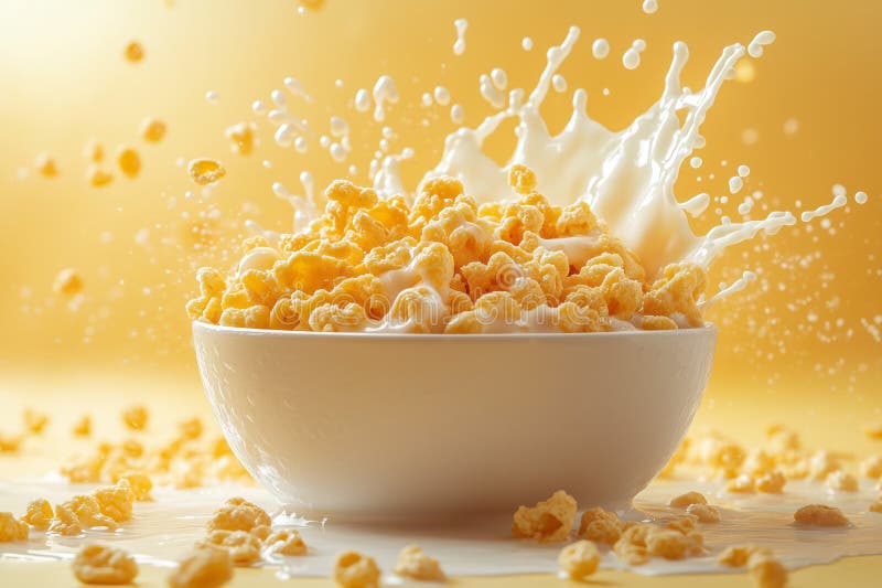 Bowl of Cereal with Milk Splashing on Yellow Background Stock ...