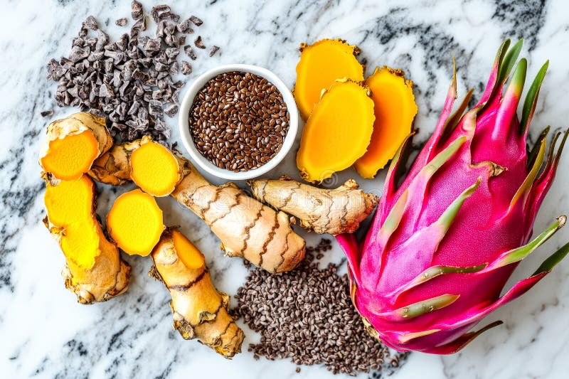 Bowl of Chia Seeds and a Bunch of Ginger Root are on a Marble Counter ...