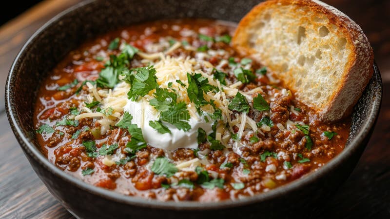 Bowl Chili Bread Garnished Cilantro Cheese Stock Photos - Free ...