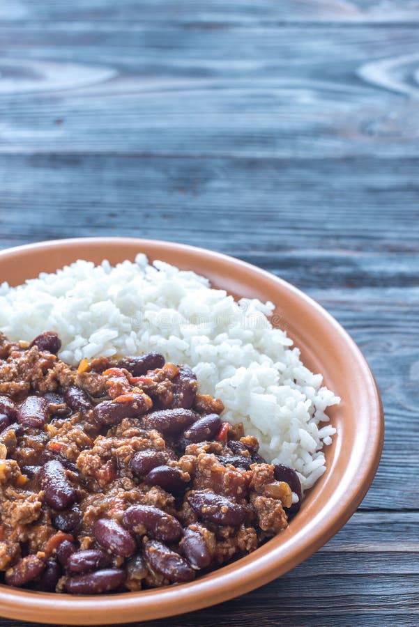 Bowl of Chili Con Carne with White Rice Stock Photo - Image of garlic ...