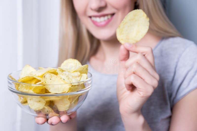 Bowl with Chips in Female Hands Stock Photo - Image of beauty, pretty ...