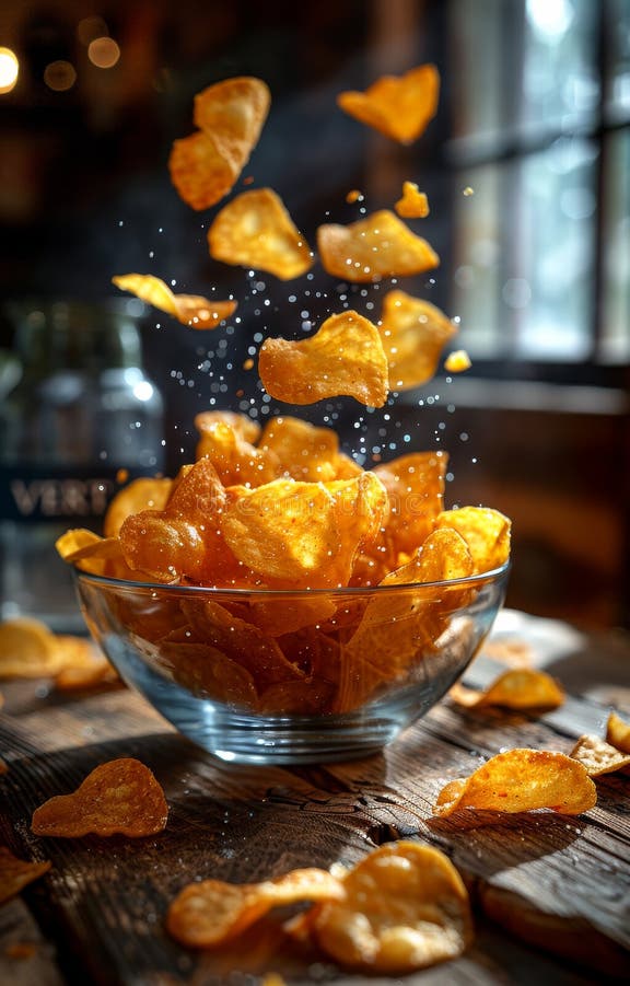 A Bowl of Chips is Flying through the Air. the Bowl is Full of Chips ...
