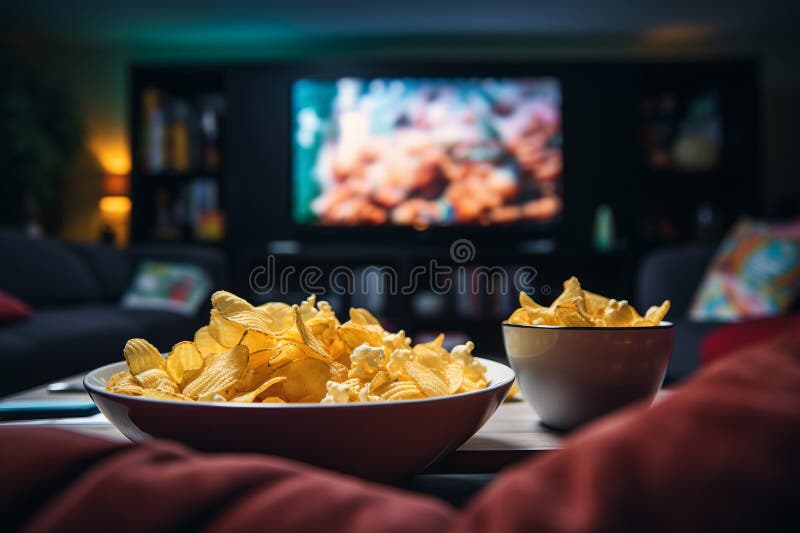 Bowl of Chips in Front of TV Screen. Watching Television at Home Stock ...