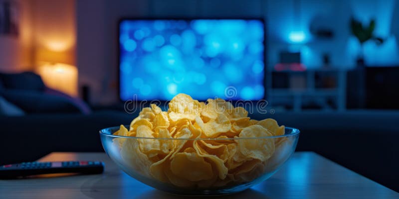Bowl of Chips in Front of TV Screen. Watching Television at Home Stock ...