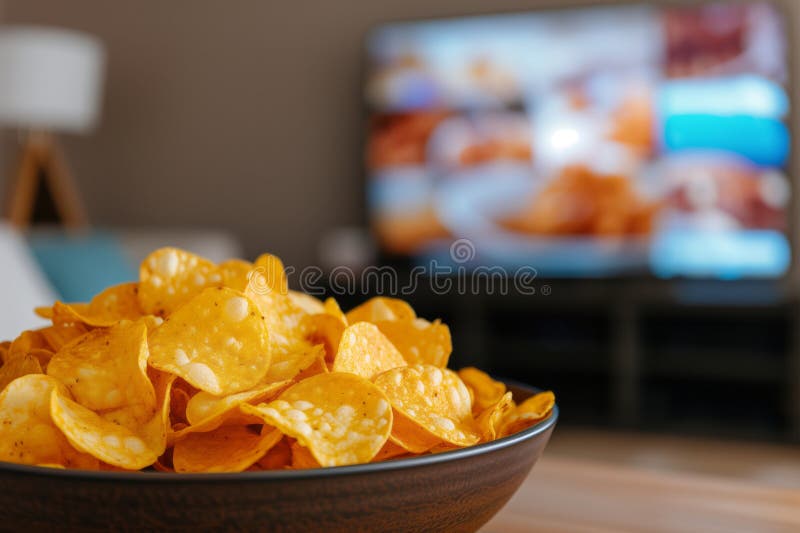 Bowl of Chips in Front of TV Screen. Watching Television at Home Stock ...
