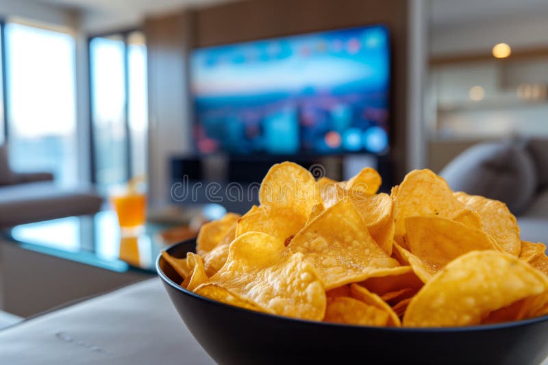 Bowl of Chips in Front of TV Screen. Watching Television at Home Stock Illustration ...