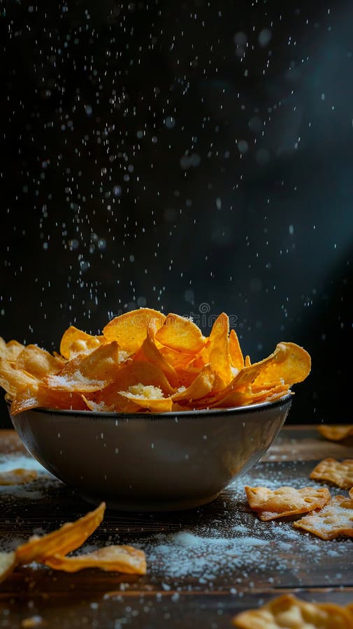 A Bowl of Chips with Powder Falling on Top Stock Image - Image of ...